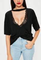 China Black Choker Neck Cut Out Clothing T Shirt Women for sale