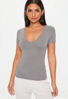 China Grey V Neck Fitted T Shirt Clothing Women for sale