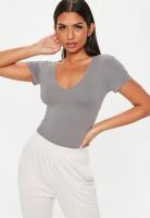 China Grey V Neck Fitted T Shirt Clothing Women for sale