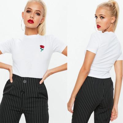 China White Rose Embroidered Crop T Shirt Clothing Women for sale