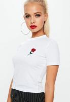 China White Rose Embroidered Crop T Shirt Clothing Women for sale