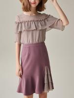 China Ladies Short Sleeve Plaid Blouse With Ruffle for sale