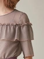 China Ladies Short Sleeve Plaid Blouse With Ruffle for sale