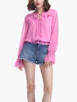 China Women Fashionable Long Sleeve Pink Blouse With Ruffles for sale