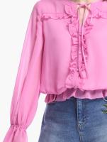 China Women Fashionable Long Sleeve Pink Blouse With Ruffles for sale