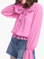 China Women Fashionable Long Sleeve Pink Blouse With Ruffles for sale