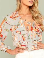 China Fashion Floral Print Summer Women Blouse With Ruffle for sale