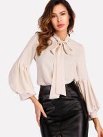 China Tie Neck Balloon Sleeve Elegant Ladies Blouse for sale