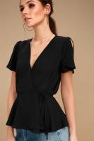 China Modesty V Neck Fashion Black Women Top With Plunging Neckline for sale