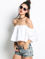 China ladies tops latest design Women Off Shoulder Flare Sleeve Ruffles Solid Crop Tops for sale