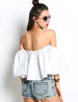 China ladies tops latest design Women Off Shoulder Flare Sleeve Ruffles Solid Crop Tops for sale