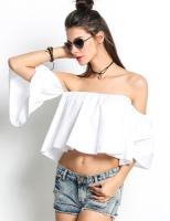 China ladies tops latest design Women Off Shoulder Flare Sleeve Ruffles Solid Crop Tops for sale