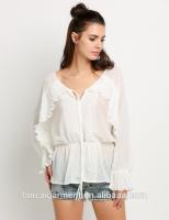 China New Design Women Bat wing Long Sleeve Elastic Waist Ruffles Sheer Blouse Tops for sale