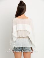 China New Design Women Bat wing Long Sleeve Elastic Waist Ruffles Sheer Blouse Tops for sale