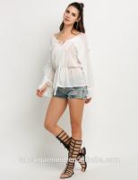 China New Design Women Bat wing Long Sleeve Elastic Waist Ruffles Sheer Blouse Tops for sale