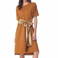 China Simple Solid Casual Loose Pocket T Shirt Loose Dress With Belt for sale