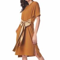 China Simple Solid Casual Loose Pocket T Shirt Loose Dress With Belt for sale