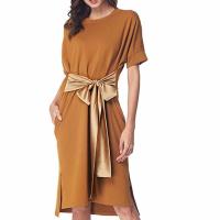 China Simple Solid Casual Loose Pocket T Shirt Loose Dress With Belt for sale