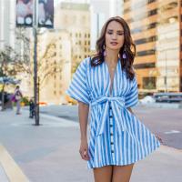 China Women Sweet V Neck Tied Open Back Striped Dress With Tassel for sale