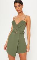 China Women Khaki Tux Detail Belted Wrap Bodycon Dress With Spaghetti Strap for sale