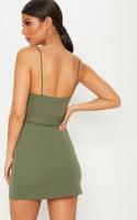 China Women Khaki Tux Detail Belted Wrap Bodycon Dress With Spaghetti Strap for sale
