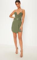 China Women Khaki Tux Detail Belted Wrap Bodycon Dress With Spaghetti Strap for sale