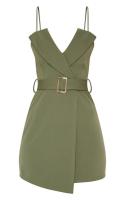 China Women Khaki Tux Detail Belted Wrap Bodycon Dress With Spaghetti Strap for sale