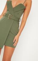 China Women Khaki Tux Detail Belted Wrap Bodycon Dress With Spaghetti Strap for sale