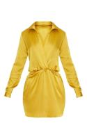 China Women Long Sleeve Dark Lime Twist Front Silky Shirt Dress With Deep V Neck for sale