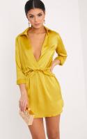 China Women Long Sleeve Dark Lime Twist Front Silky Shirt Dress With Deep V Neck for sale