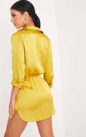 China Women Long Sleeve Dark Lime Twist Front Silky Shirt Dress With Deep V Neck for sale