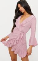 China 2018 Summer Fashion Women Dusty Pink Frill Tea Dress With Horn Sleeve for sale