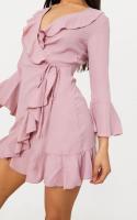 China 2018 Summer Fashion Women Dusty Pink Frill Tea Dress With Horn Sleeve for sale