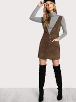 China Autumn Design Crisscross Buttoned Plunge Pinafore Corduroy Dress for sale