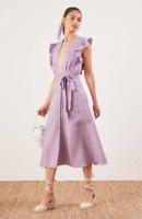 China Clothing Fashion Women Ruffle Shoulder Midi Linen Dress Ladies for sale