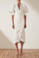 China Linen Puff Sleeve Wrap Midi Elegant Dress Cotton Ladies for sale
