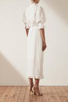 China Linen Puff Sleeve Wrap Midi Elegant Dress Cotton Ladies for sale