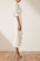 China Linen Puff Sleeve Wrap Midi Elegant Dress Cotton Ladies for sale