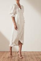 China Linen Puff Sleeve Wrap Midi Elegant Dress Cotton Ladies for sale