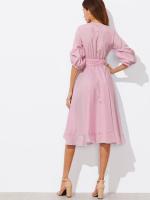 China Asymmetrical Gathered Sleeve Surplice Wrap Pinstripe Dress For Women for sale