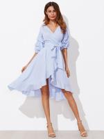 China Asymmetrical Gathered Sleeve Surplice Wrap Pinstripe Dress For Women for sale