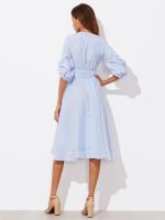 China Asymmetrical Gathered Sleeve Surplice Wrap Pinstripe Dress For Women for sale