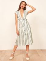 China Boho Ladies Sex Linen Stripe Midi Dresses With Pocket Dress for Women for sale