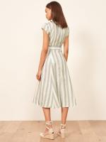 China Boho Ladies Sex Linen Stripe Midi Dresses With Pocket Dress for Women for sale