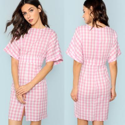 China Fall Apparel For Women Rolled Up Sleeve Wide Waistband Plaid Dress for sale