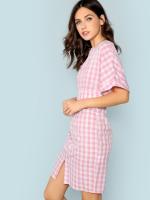 China Fall Apparel For Women Rolled Up Sleeve Wide Waistband Plaid Dress for sale