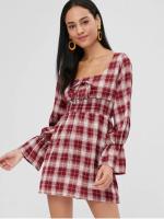 China Womens Apparel Square Neck Checked Mini Empire Waist Dress for sale