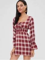 China Womens Apparel Square Neck Checked Mini Empire Waist Dress for sale