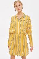 China Yellow Stripe Drawstring Ladies Casual Shirt Dress Long Sleeve for Women for sale