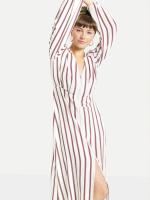 China 2018 New Arrival Fall Long Sleeve White and Red Striped Zip Front Sex V neck Midi Dress Ladies Autumn for sale